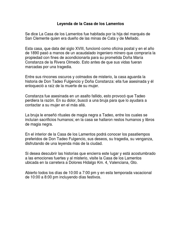 Casa de los Lamentos: Leyenda y Misterio | PDF