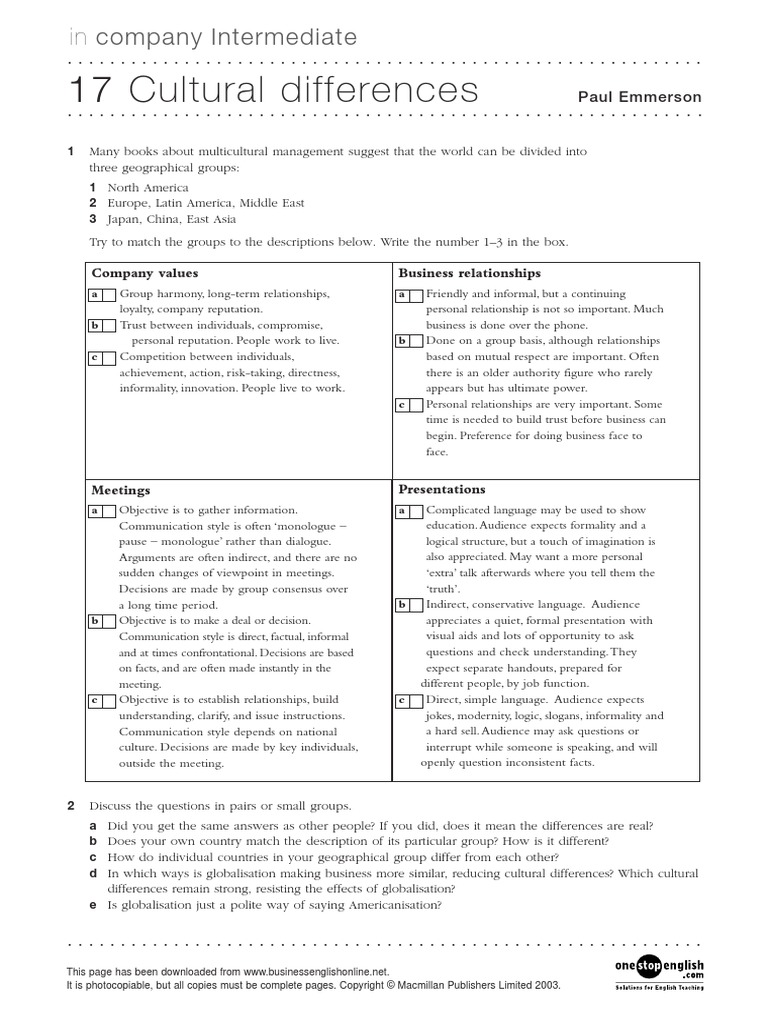 17 Cultural Differences: in Company Intermediate | PDF | Psychological ...