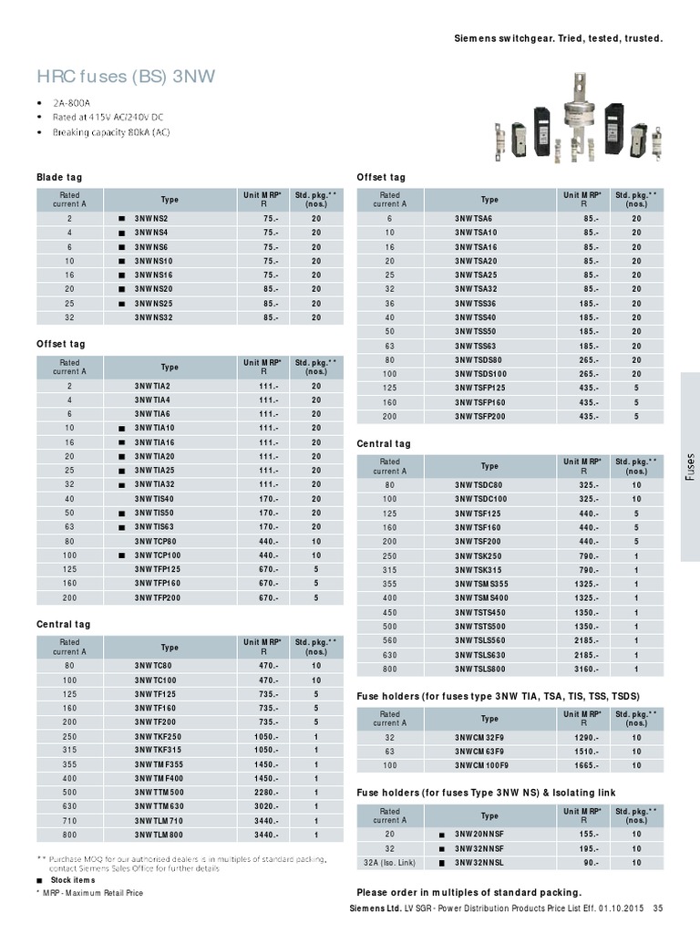 HRC Fuses (BS) 3NW: Siemens Ltd. LV SGR - Power Distribution Products ...