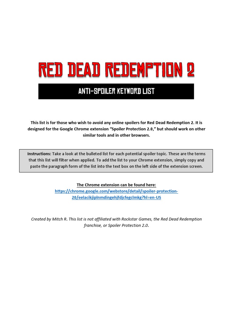 RDR2 Spoilers Filter List PDF | PDF | Video Game Organizations ...