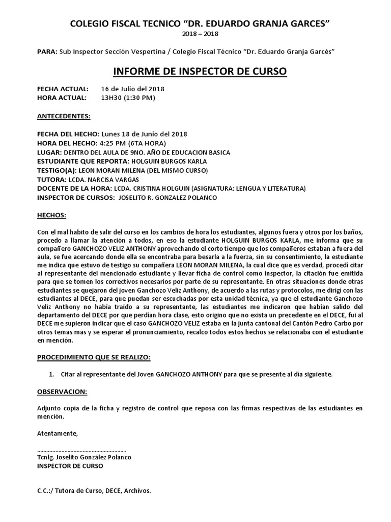 FORMATO INFORME DE INSPECTOR Y DOCENTE-16-07-18.docx | Modificación de comportamiento ...