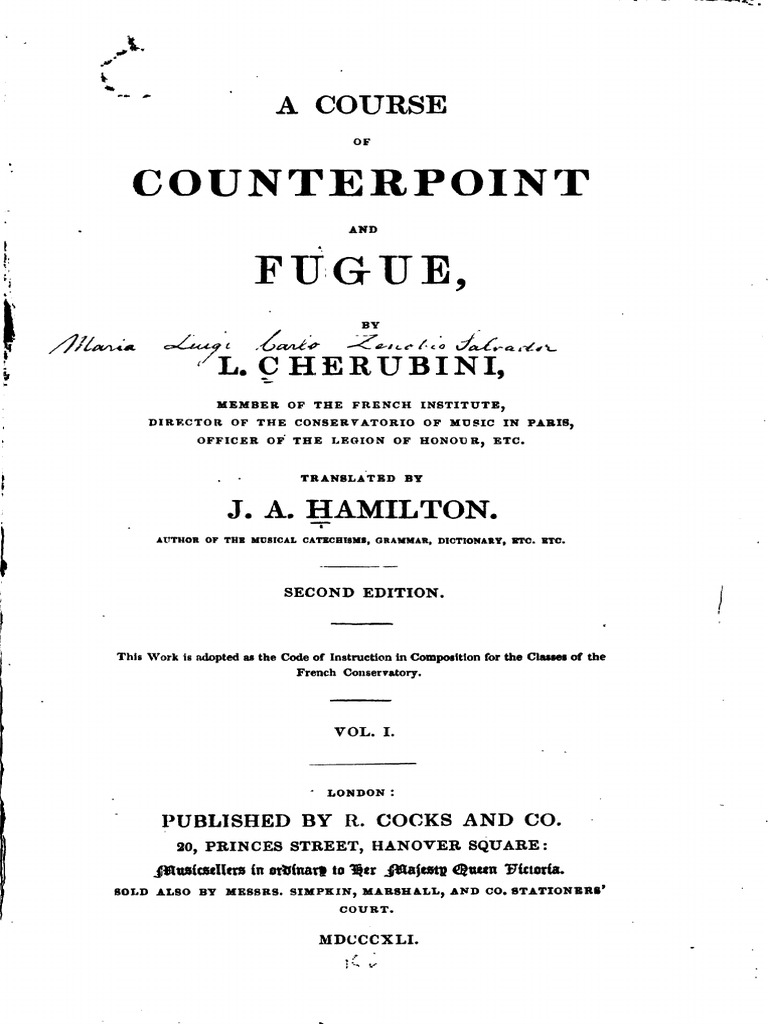 Cherubini, Luigi-A Course of Counterpoint and Fugue. 1-R. Crocks (1837 ...