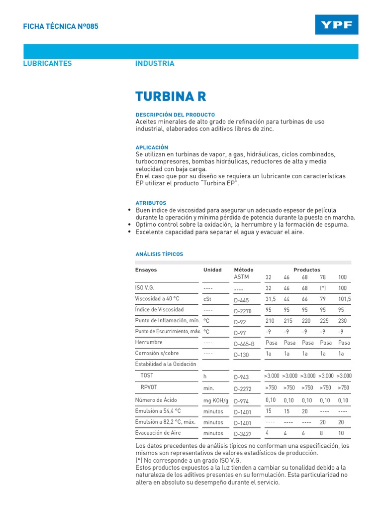 Ficha Técnica Turbina R PDF | PDF | Lubricante | Química