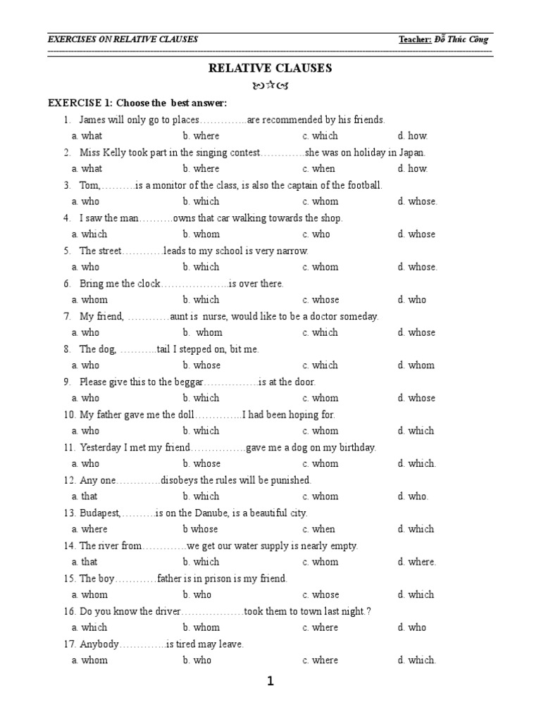 Relative Clauses: EXERCISE 1: Choose The Best Answer | PDF