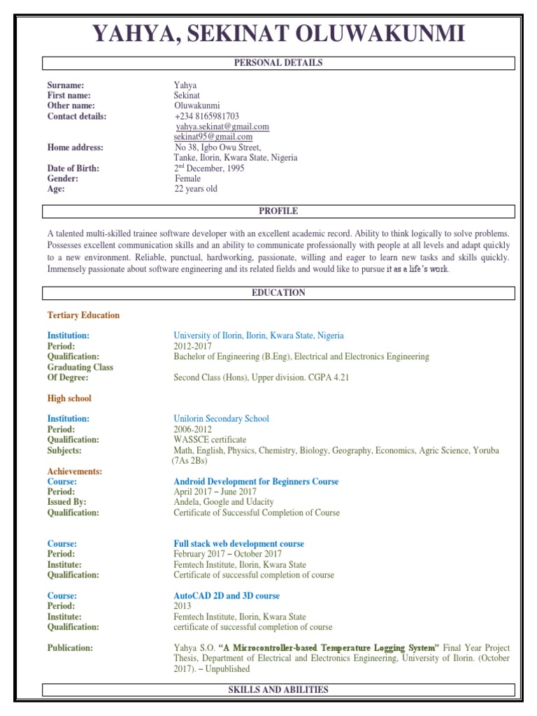 Yahya Sekinat Updated CV PDF | PDF | Java Script | Engineering