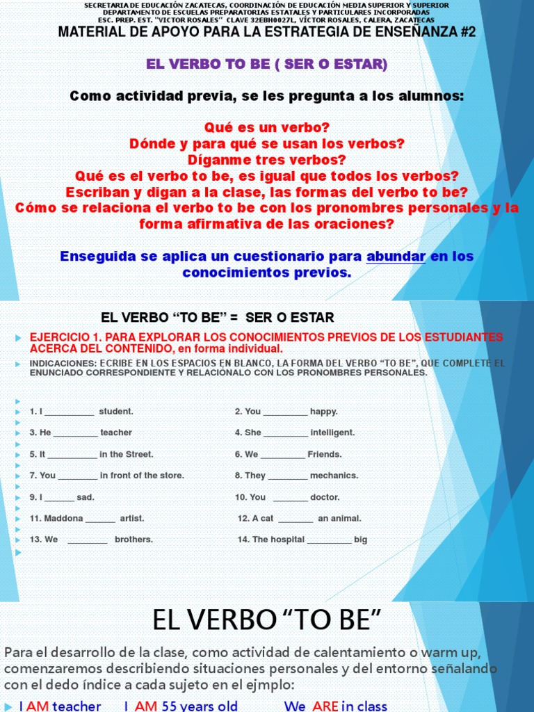 Material De Apoyo Para La Estrategia De Enseñanza #2: El Verbo To Be ...