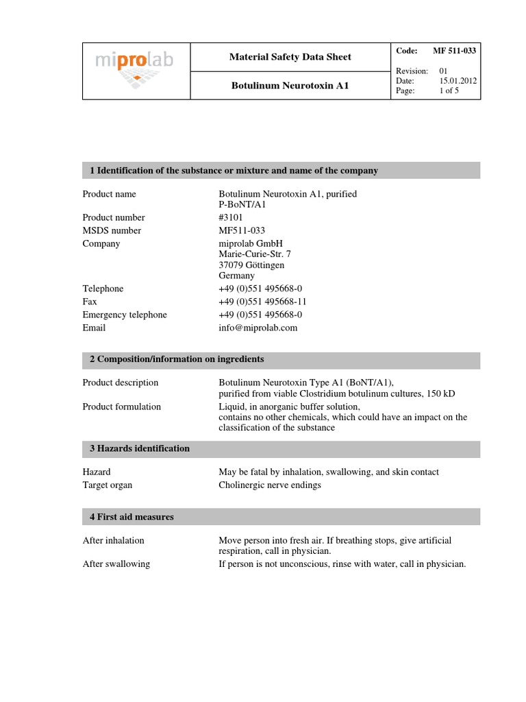 Botulinum Neurotoxin A1 MSDS | PDF | Personal Protective Equipment ...