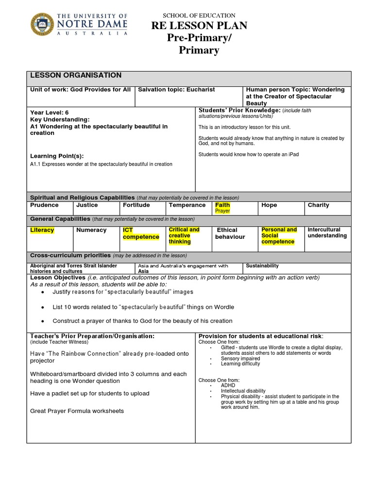 Re Lesson Plan Pre-Primary/ Primary | PDF | Prayer | Question