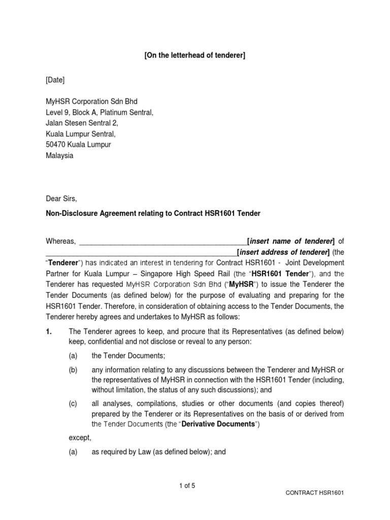 NDA MyHSR Malaysia | Non Disclosure Agreement | Confidentiality