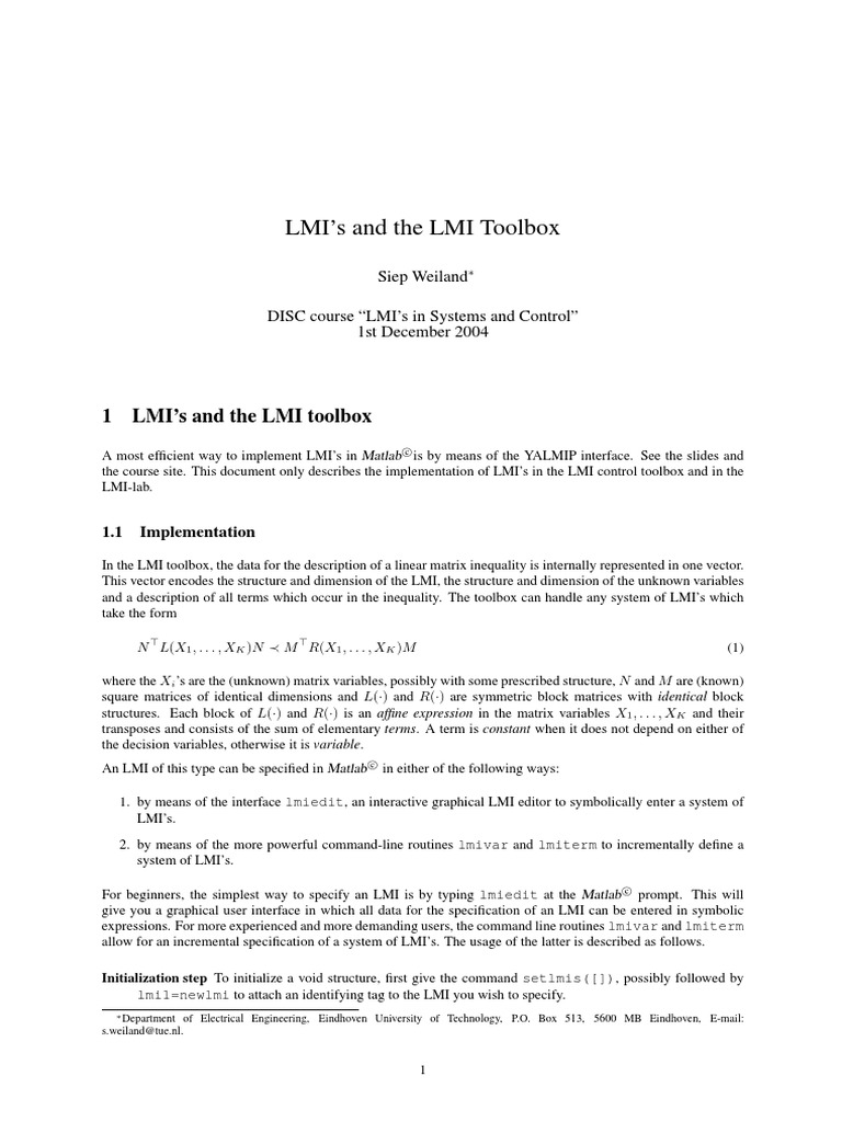 1 LMI's and The LMI Toolbox | PDF | Matlab | Matrix (Mathematics)