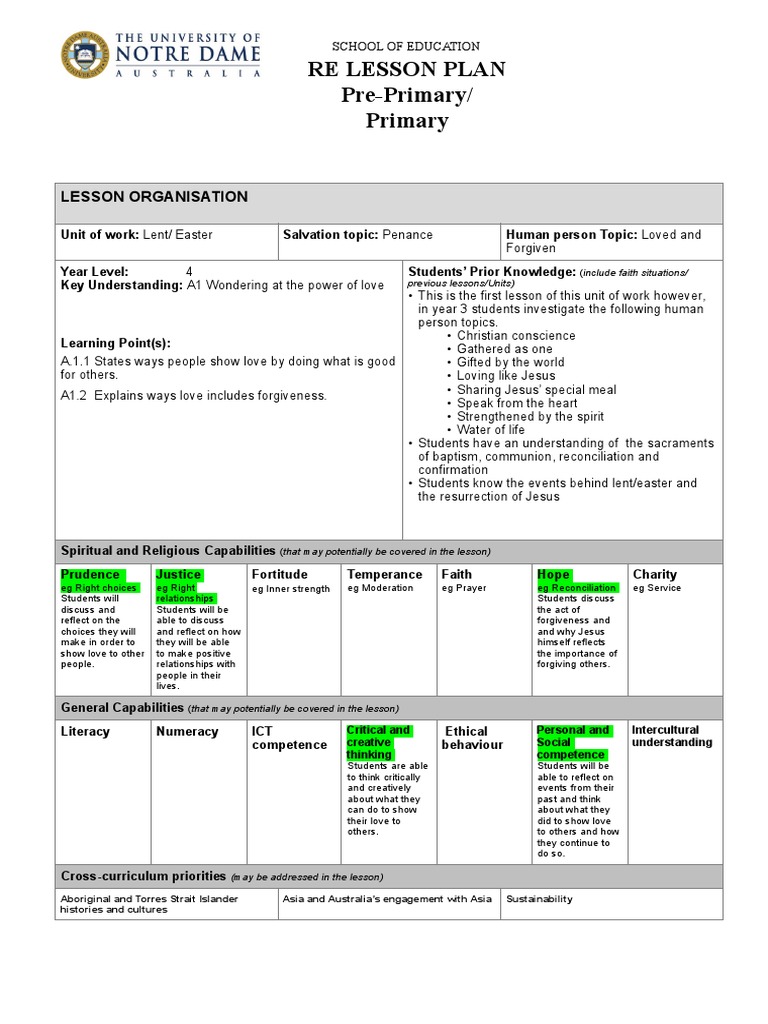 Re Lesson Plan Pre-Primary/ Primary | PDF | Forgiveness | Teachers
