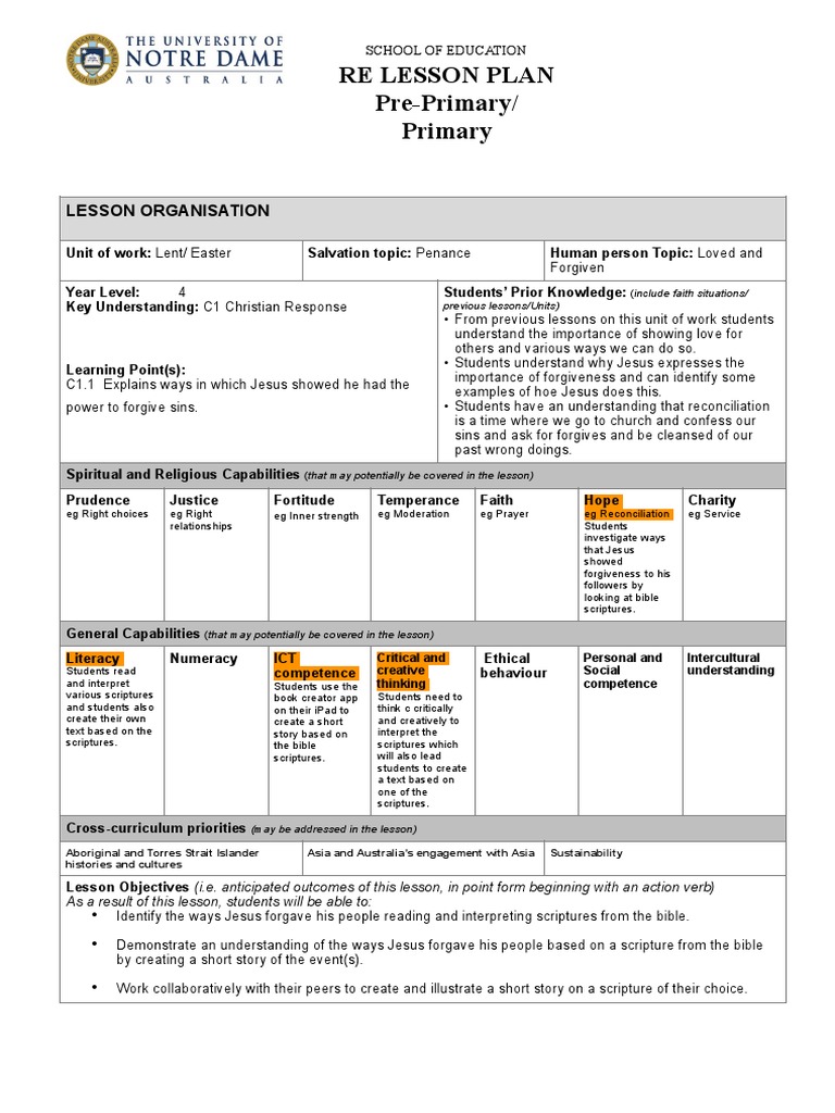 Re Lesson Plan Pre-Primary/ Primary | PDF | Forgiveness | Religious ...