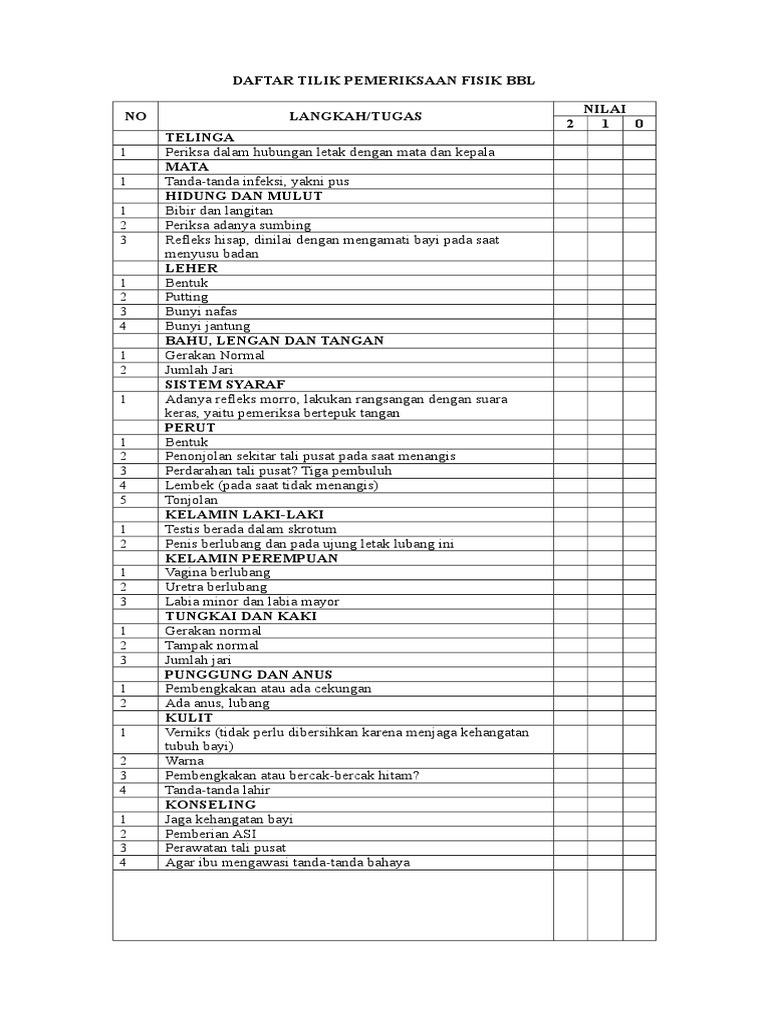 Daftar Tilik Pemeriksaan Fisik BBL | PDF