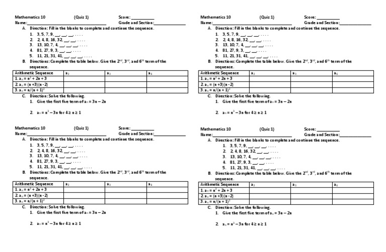 Mathematics 10 (Quiz 1) Mathematics 10 (Quiz 1) : ND RD TH ND RD TH ...