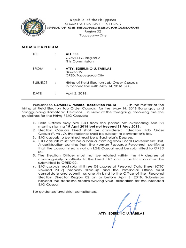 Memorandum All Pes: Office of The Regional Election Director | PDF ...