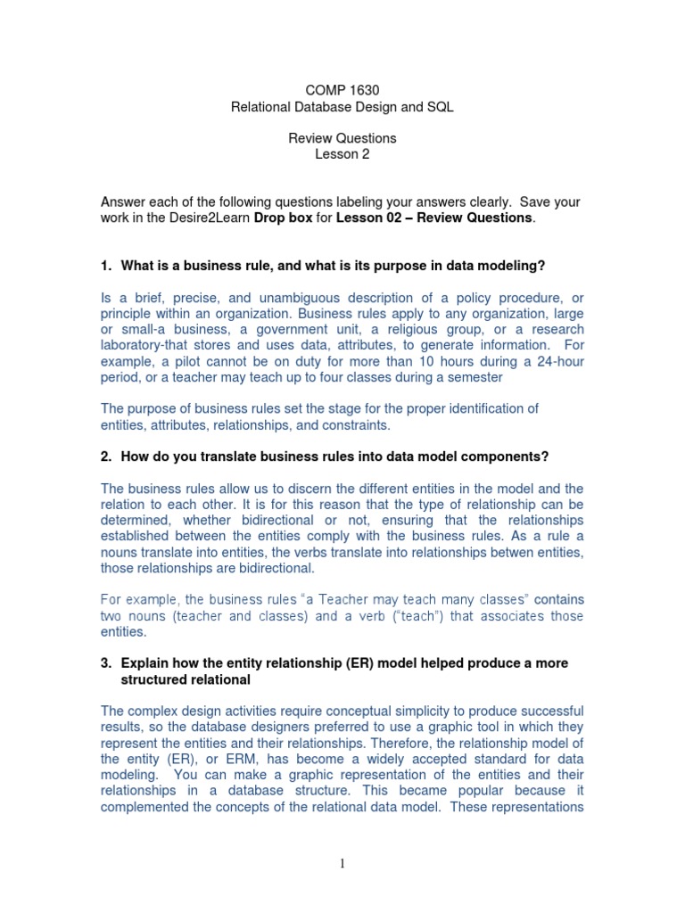 Review Questions Lesson 02 COMP 1630 | PDF | Conceptual Model | Relational Database
