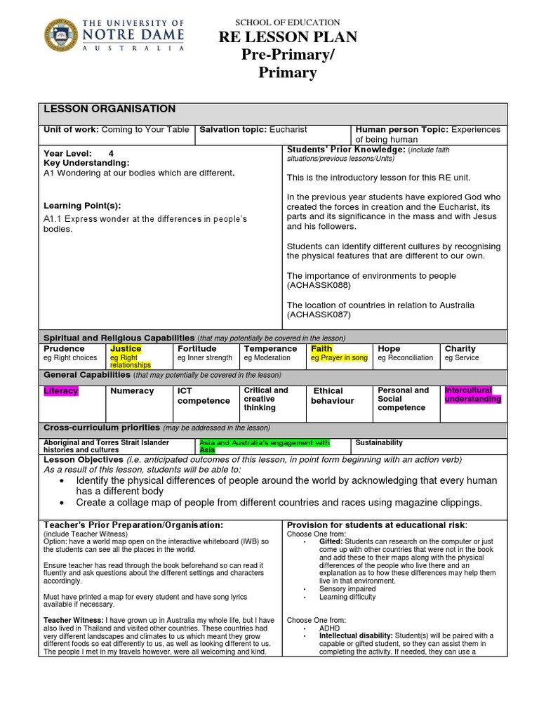 Re Lesson Plan Pre-Primary/ Primary | PDF | Learning Disability | Classroom