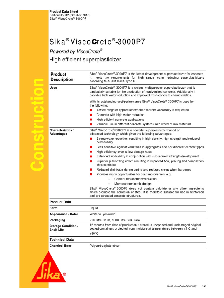 Sika ViscoCrete - 3000 P7 | PDF | Concrete | Chemistry