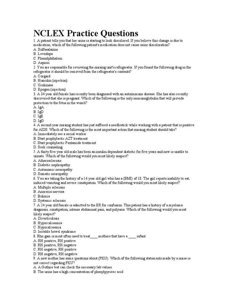 NCLEX Practice Questions & Answers | PDF | Cough | Red Blood Cell