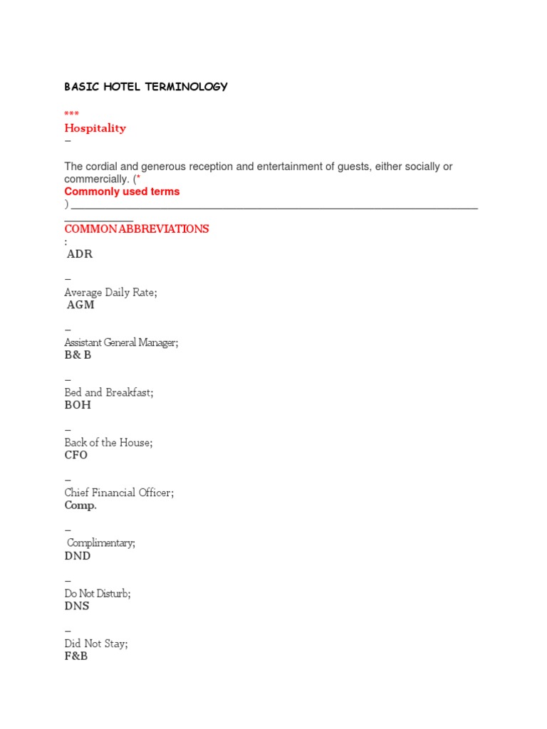 Hospitality: Basic Hotel Terminology | PDF