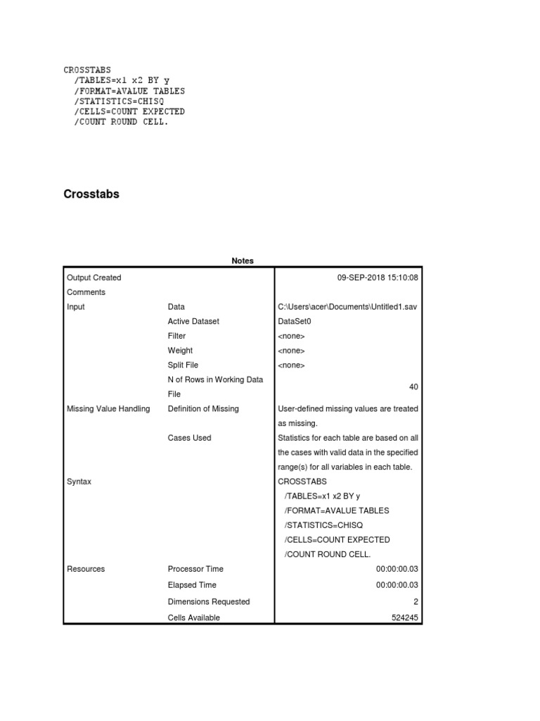 Crosstabs: Crosstabs /TABLES x1 x2 BY y /format Avalue Tables /statistics Chisq /cells Count ...