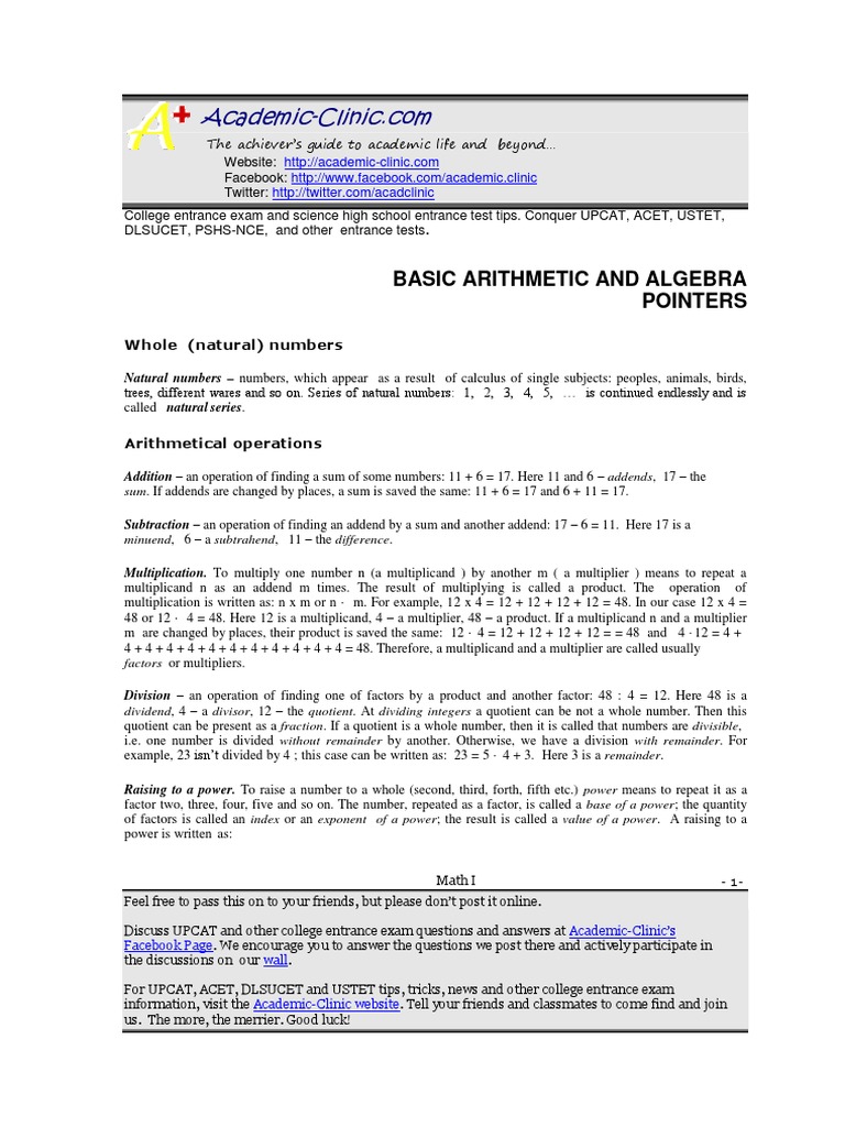 Basic Arithmetic and Algebra Pointers: Whole (Natural) Numbers | PDF ...