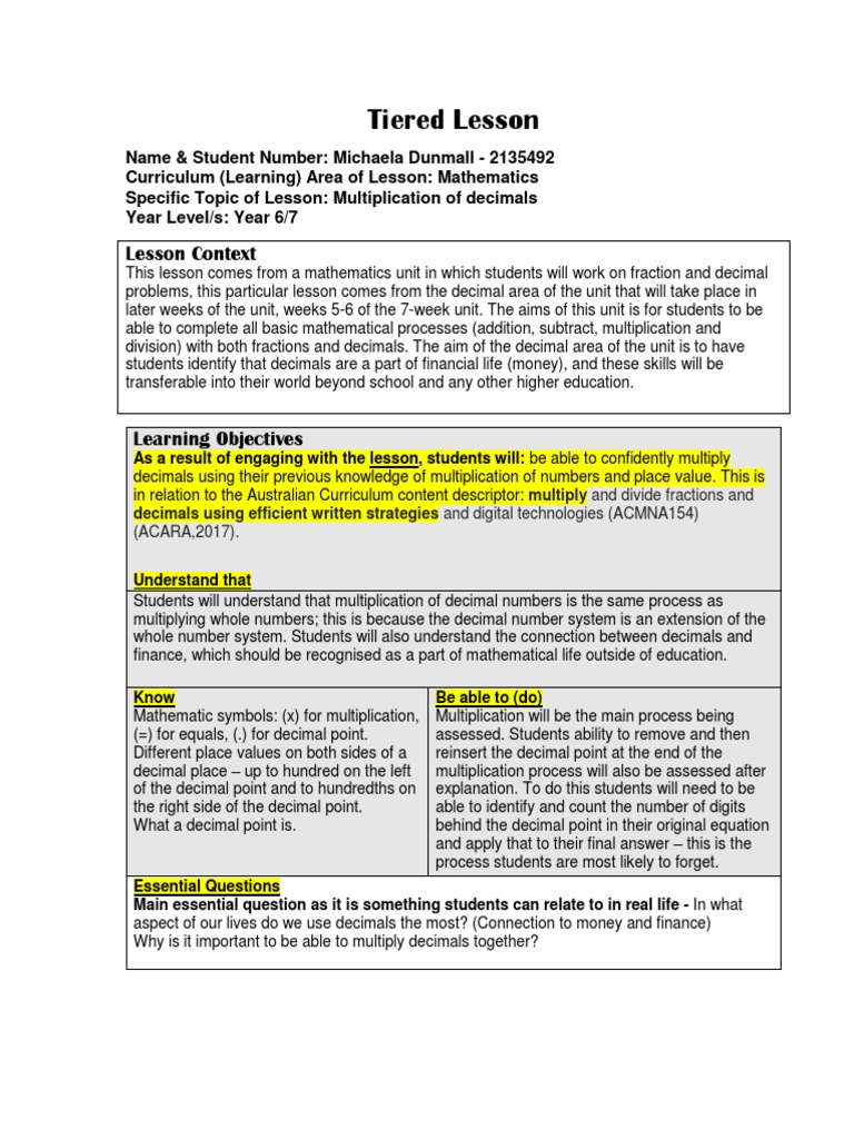Assignment 1 Tiered Lesson Template - Michaela Dunmall | PDF ...