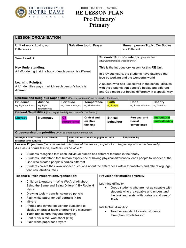 Re Lesson Plan Pre-Primary/ Primary | PDF | Disability | Prayer