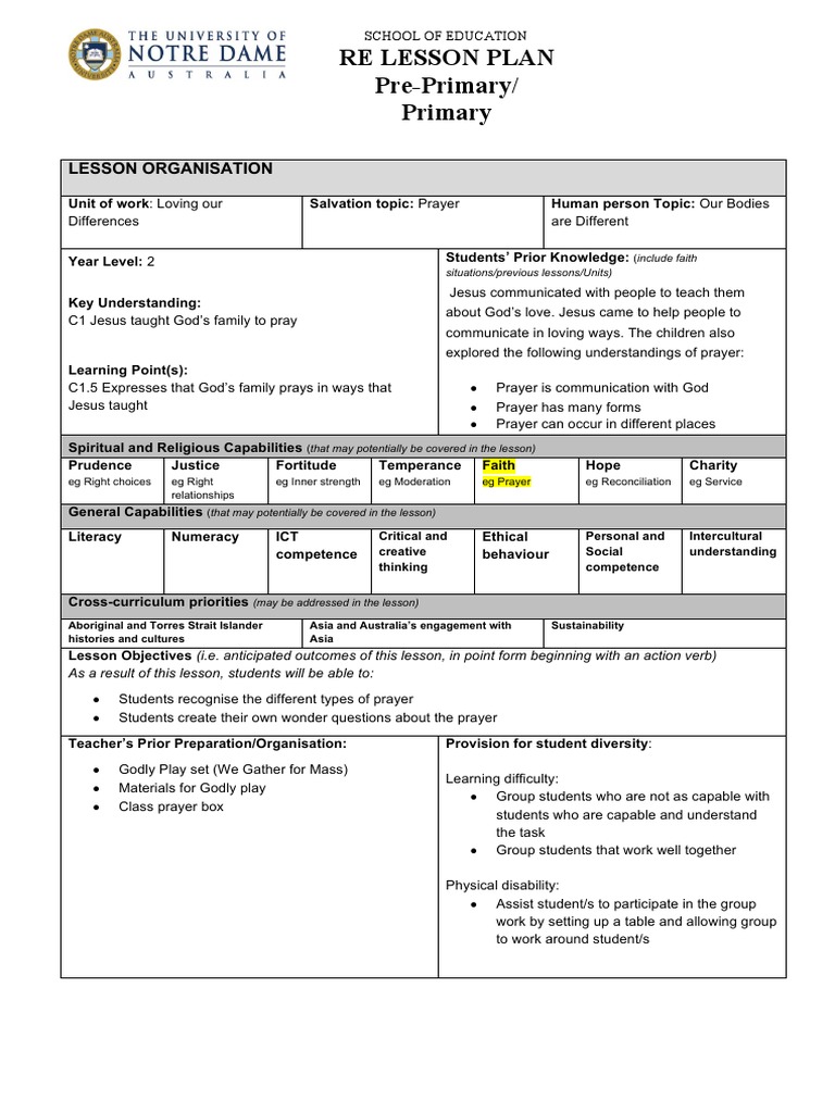 Re Lesson Plan Pre-Primary/ Primary | PDF | Eucharist | Mass (Liturgy)