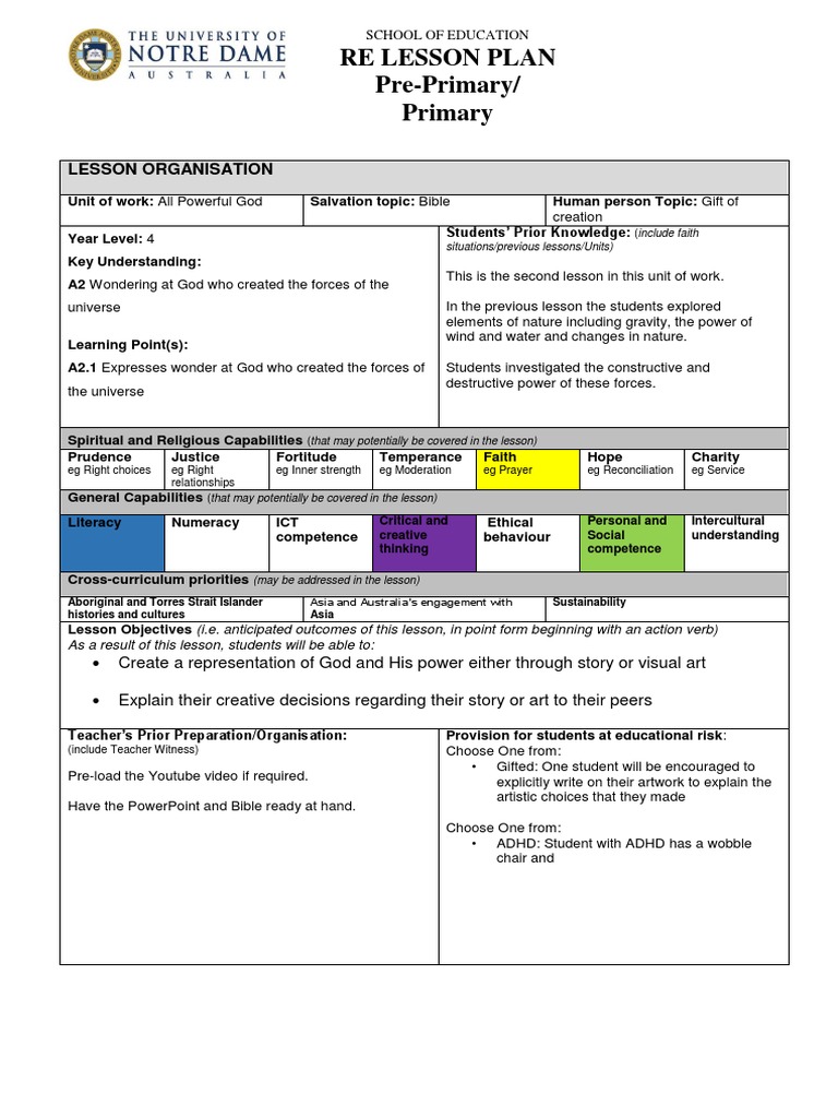 Re Lesson Plan Pre-Primary/ Primary | PDF | Question | God