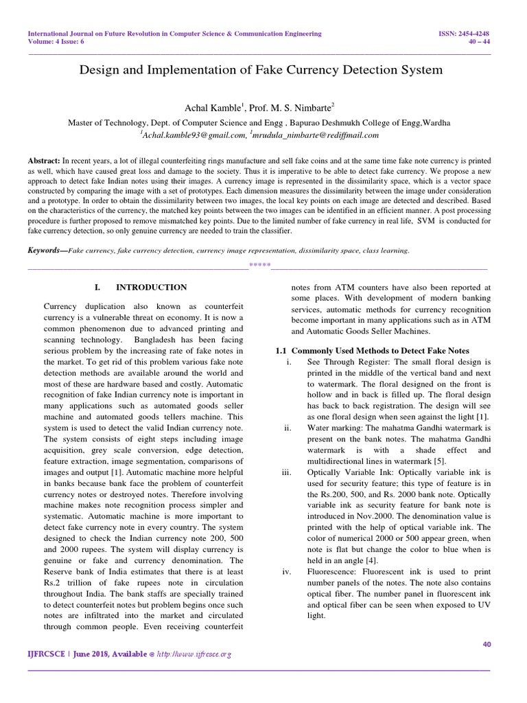 Design And Implementation Of Fake Currency Detection System Pdf