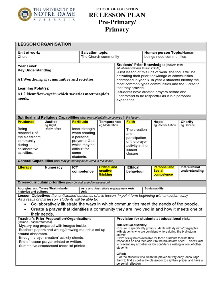 Re Lesson Plan Pre-Primary/ Primary | PDF | Prayer | Brainstorming