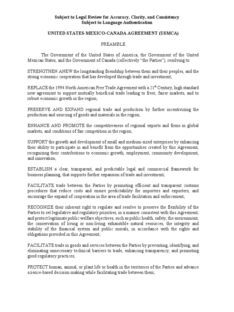 USMCA Agreement Preamble Overview | PDF | Trade | Public Sphere