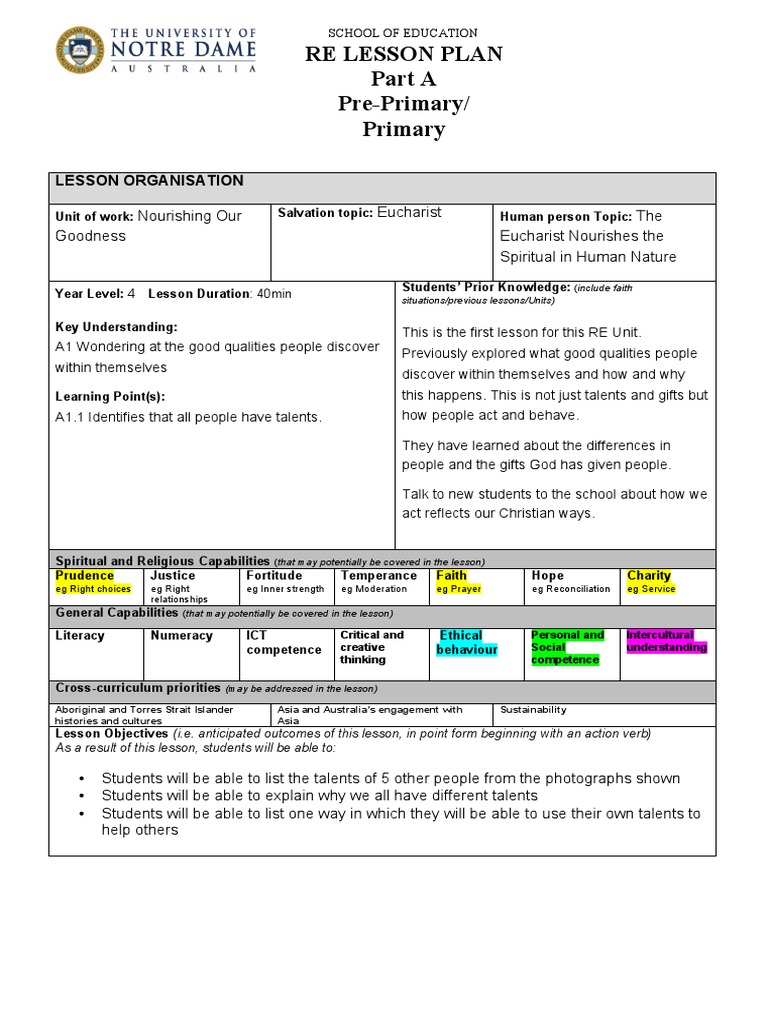 Re Lesson Plan Part A Pre-Primary/ Primary | PDF | Courage | Teachers