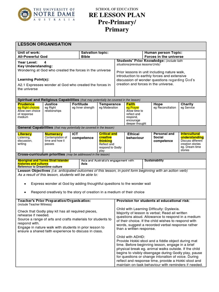 Re Lesson Plan Pre-Primary/ Primary | PDF | Sky | Genesis Creation ...