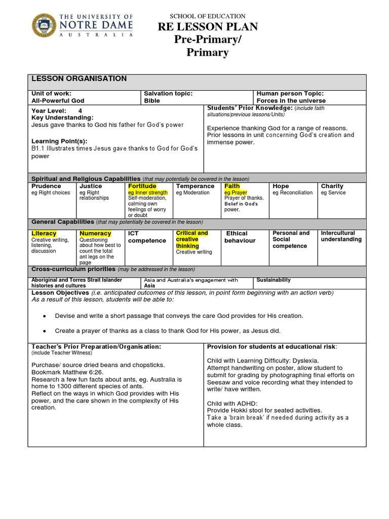 Re Lesson Plan Pre-Primary/ Primary | PDF | Prayer | Lesson Plan
