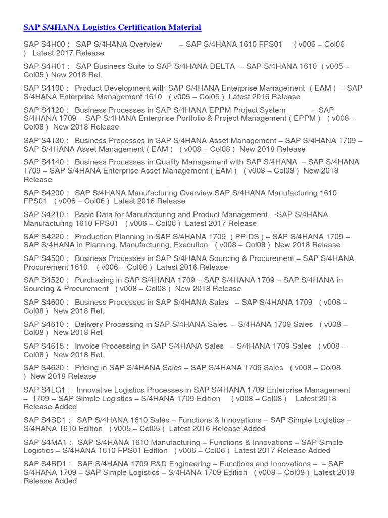 SAP S4HANA Simple Logistics 1709 Certification Materials CODE | PDF | Sap Se | Logistics