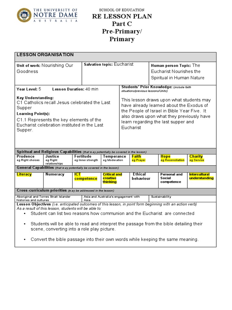 Re Lesson Plan Part C Pre-Primary/ Primary | PDF | Last Supper | Eucharist