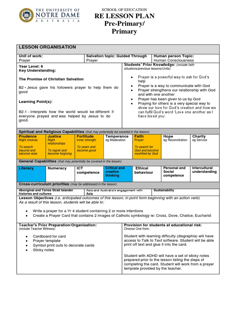 Re Lesson Plan Pre-Primary/ Primary | PDF | Prayer | Eucharist