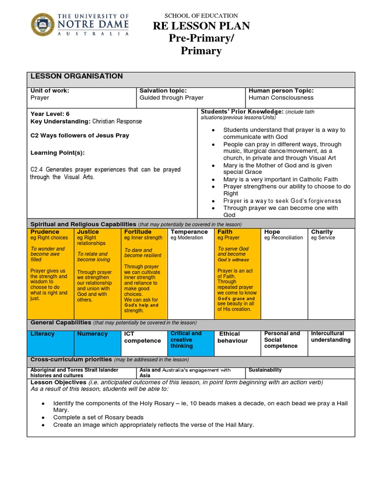 Re Lesson Plan Pre-Primary/ Primary | Download Free PDF | Prayer | Mary ...