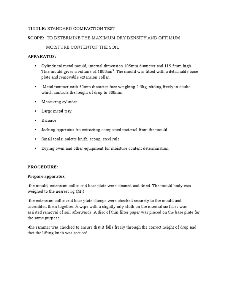 Tittle: Standard Compaction Test Scope: To Determine The Maximum Dry ...