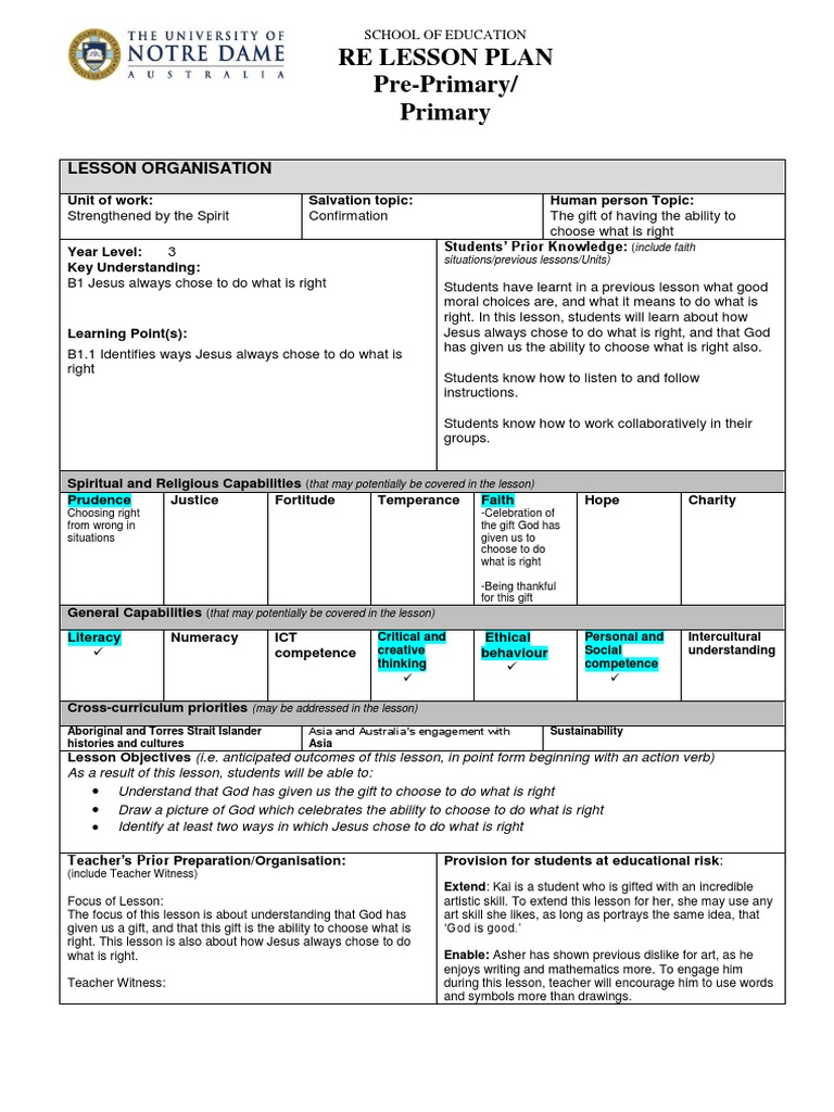 Re Lesson Plan Pre-Primary/ Primary | PDF | Drawing | Jesus