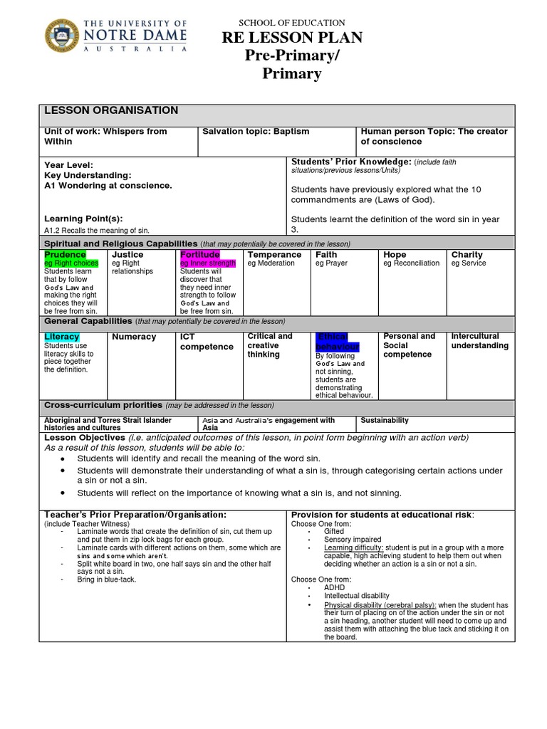 Re Lesson Plan Pre-Primary/ Primary | PDF | Conscience | Sin