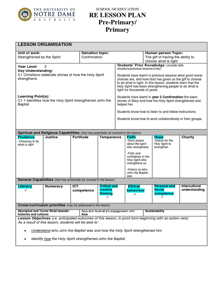 Re Lesson Plan Pre-Primary/ Primary | PDF | John The Baptist | Christianity