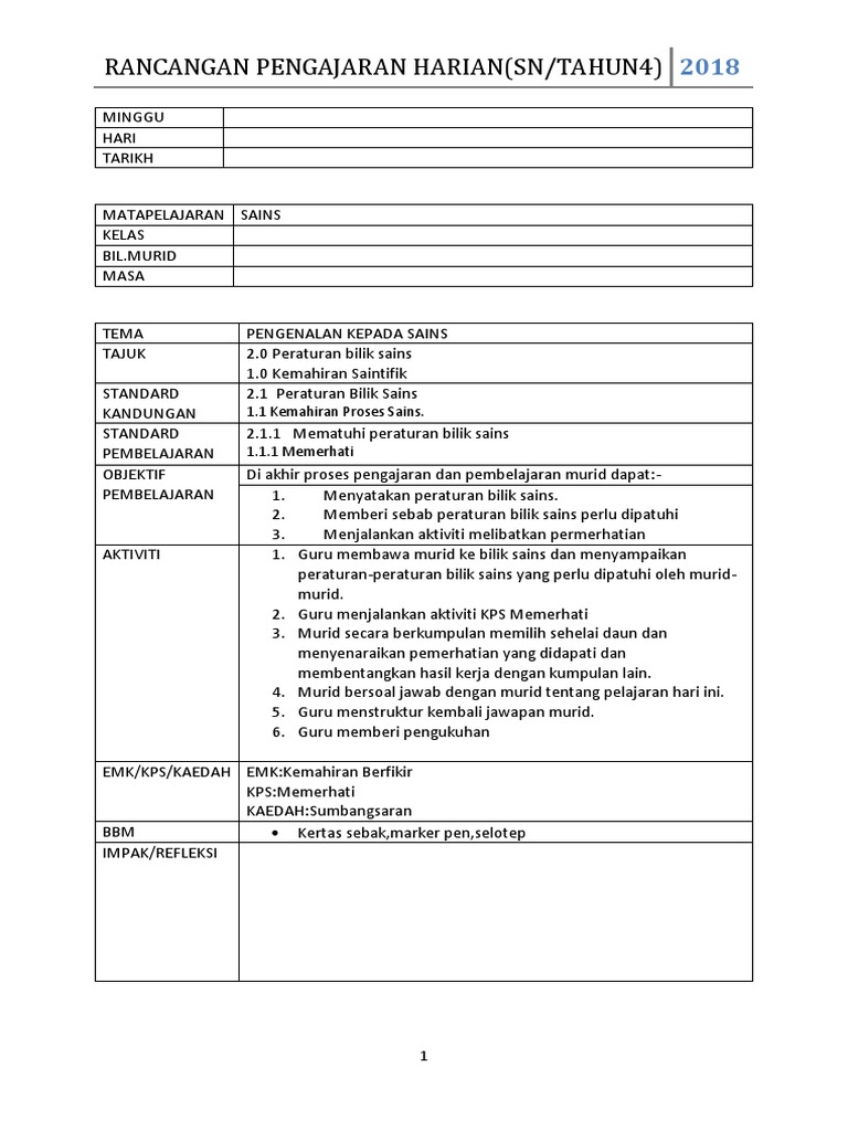 RPH Sains Tahun 4 | PDF