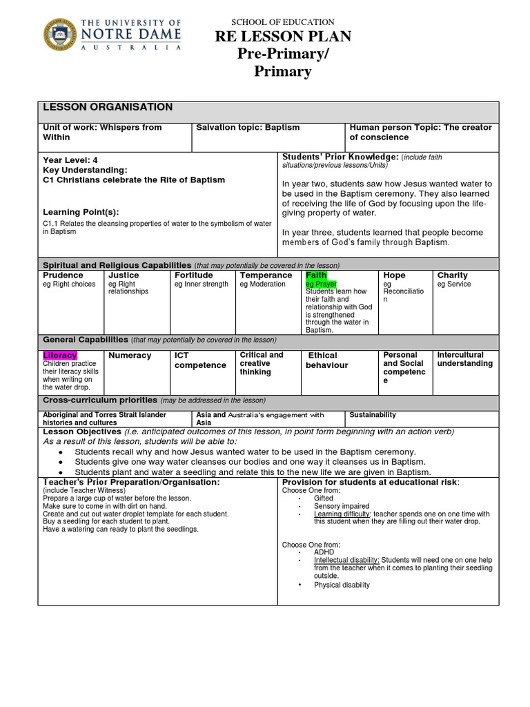Re Lesson Plan Pre-Primary/ Primary | PDF | Baptism | Literacy