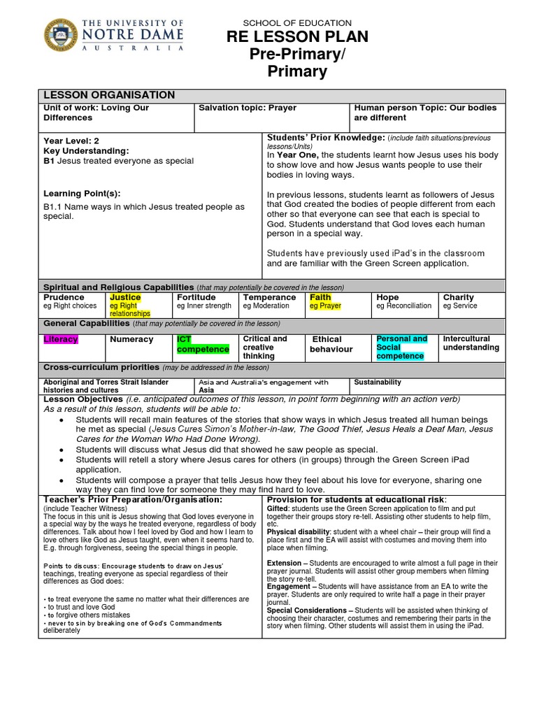 Re Lesson Plan Pre-Primary/ Primary | PDF | Gospel Of Mark | Jesus