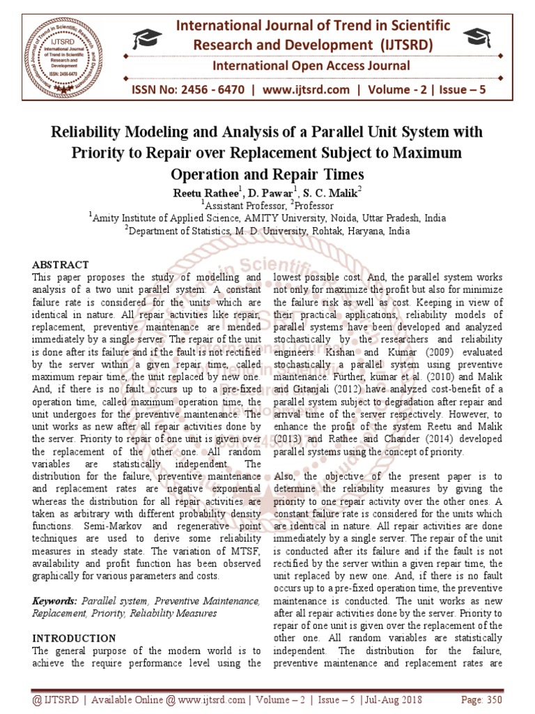 Reliability Modeling and Analysis of A Parallel Unit System With Priority To Repair Over ...