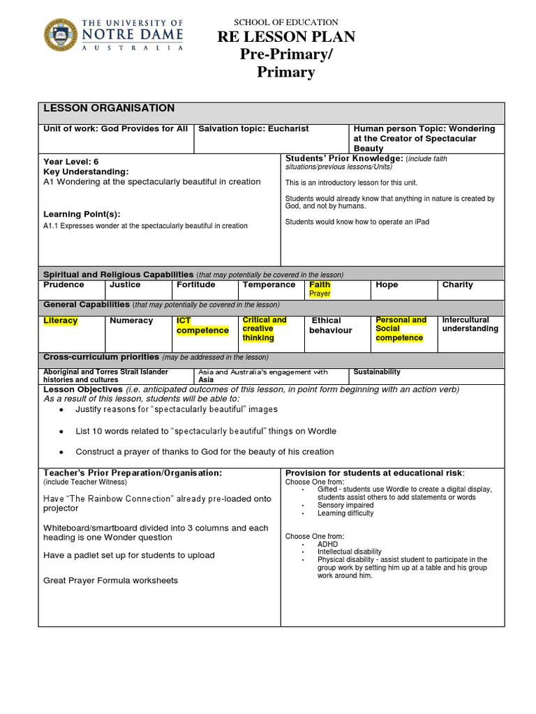 Re Lesson Plan Pre-Primary/ Primary | PDF | Prayer | Educational Technology