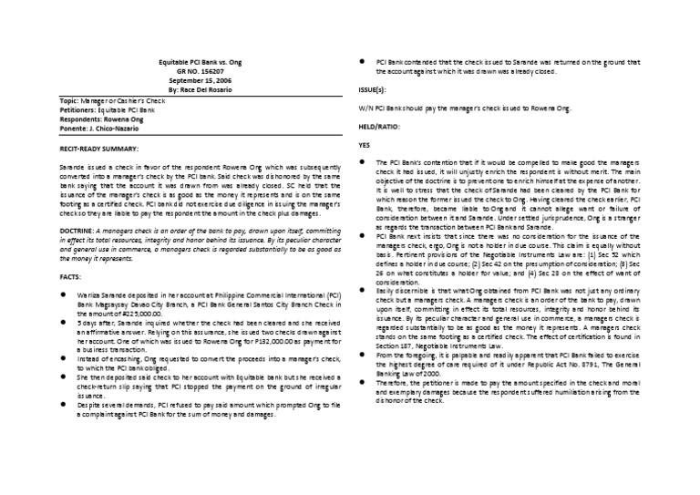 Equitable PCI Bank V Ong - Del Rosario | PDF | Negotiable Instrument ...